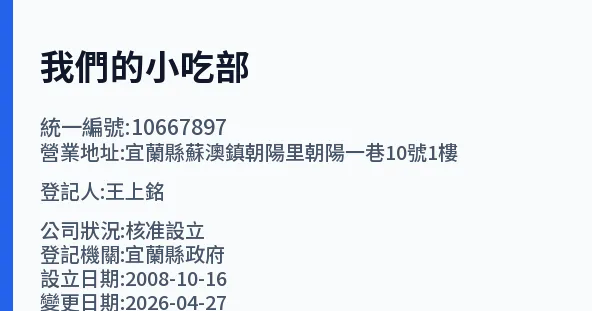 我們的小吃部的照片-統編 10667897(宜蘭縣) 公司登記資料與營業項目詳細圖表