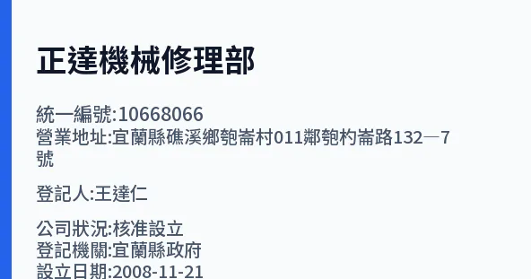 正達機械修理部的照片-統編 10668066(宜蘭縣) 公司登記資料與營業項目詳細圖表