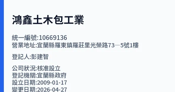 鴻鑫土木包工業的照片-統編 10669136(宜蘭縣) 公司登記資料與營業項目詳細圖表
