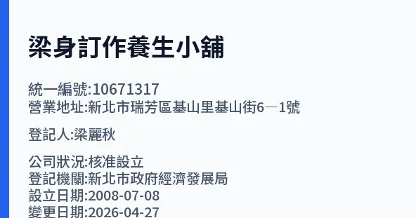 梁身訂作養生小舖的照片-統編 10671317(新北市) 公司登記資料與營業項目詳細圖表