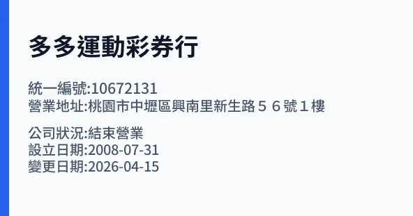 多多運動彩券行的照片-統編 10672131(桃園市) 公司登記資料與營業項目詳細圖表