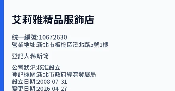 艾莉雅精品服飾店的照片-統編 10672630(新北市) 公司登記資料與營業項目詳細圖表