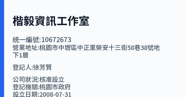 楷毅資訊工作室的照片-統編 10672673(桃園市) 公司登記資料與營業項目詳細圖表