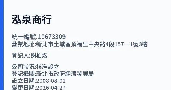 泓泉商行的照片-統編 10673309(新北市) 公司登記資料與營業項目詳細圖表