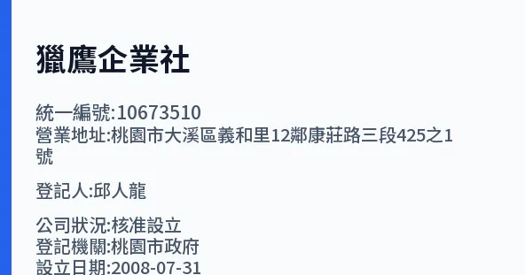 獵鷹企業社的照片-統編 10673510(桃園市) 公司登記資料與營業項目詳細圖表
