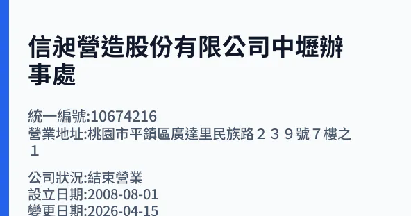 信昶營造股份有限公司中壢辦事處的照片-統編 10674216(桃園市) 公司登記資料與營業項目詳細圖表