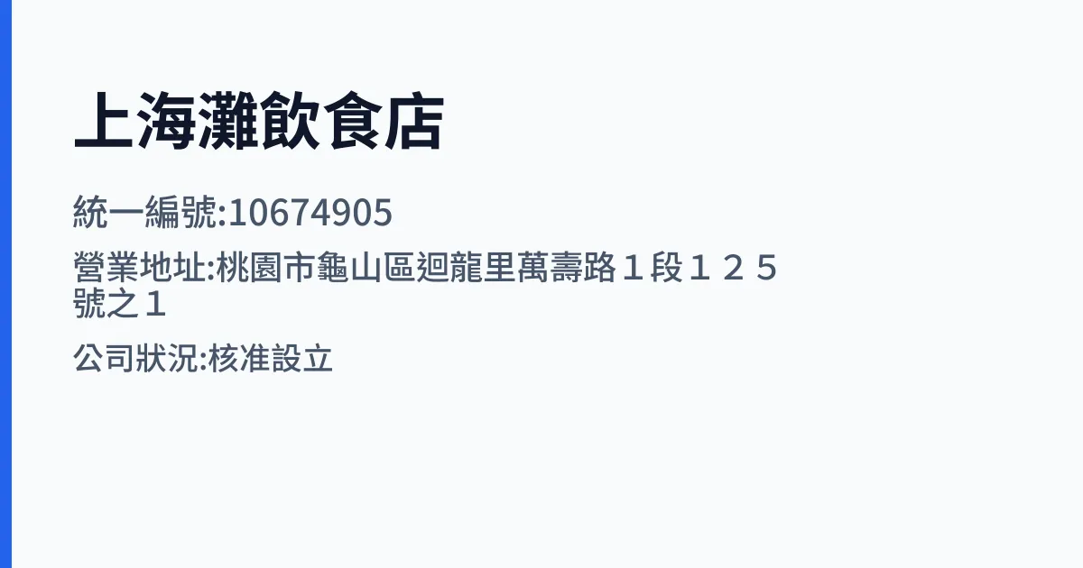 上海灘飲食店 - 統編 10674905(桃園市) 公司登記資料與營業項目詳細圖表