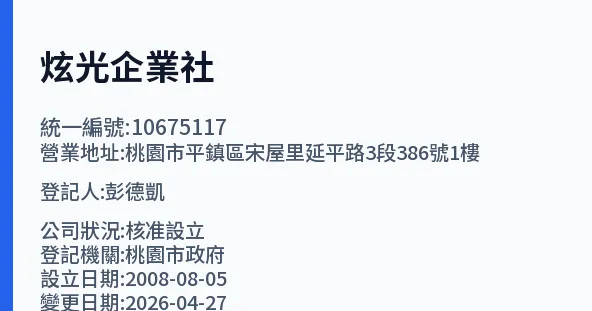 炫光企業社的照片-統編 10675117(桃園市) 公司登記資料與營業項目詳細圖表