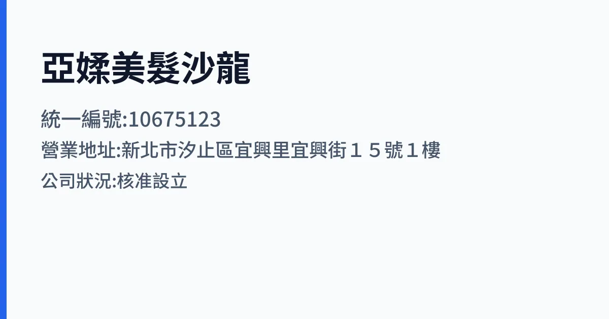 亞媃美髮沙龍 - 統編 10675123(新北市) 公司登記資料與營業項目詳細圖表