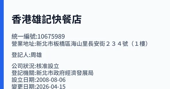 香港雄記快餐店的照片-統編 10675989(新北市) 公司登記資料與營業項目詳細圖表