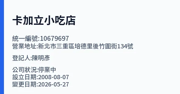 卡加立小吃店的照片-統編 10679697(新北市) 公司登記資料與營業項目詳細圖表
