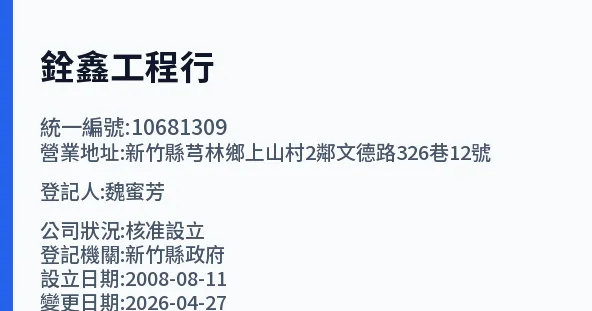 銓鑫工程行的照片-統編 10681309(新竹縣) 公司登記資料與營業項目詳細圖表