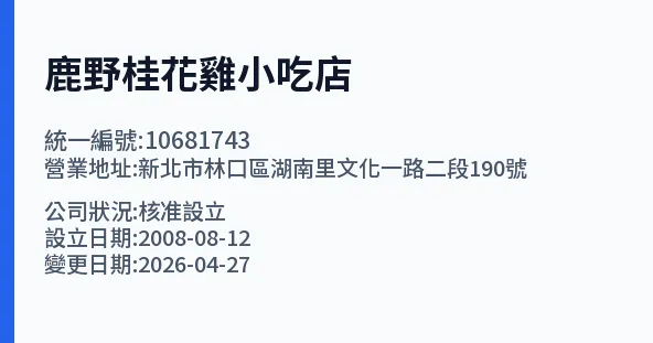 鹿野桂花雞小吃店的照片-統編 10681743(新北市) 公司登記資料與營業項目詳細圖表