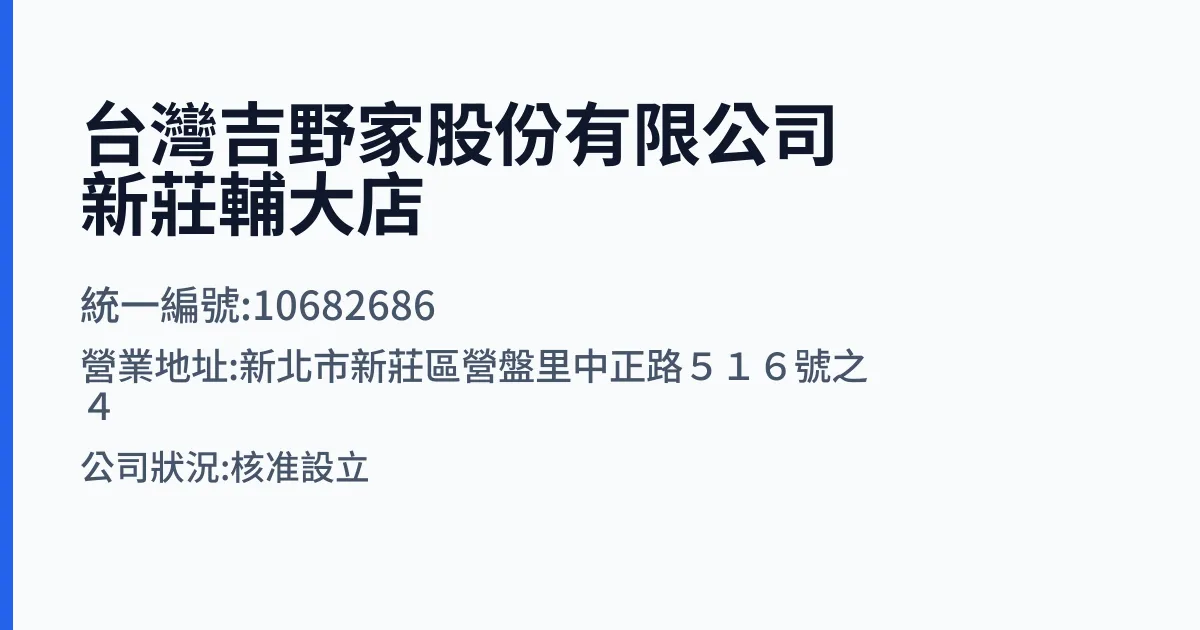 台灣吉野家股份有限公司新莊輔大店 - 統編 10682686(新北市) 公司登記資料與營業項目詳細圖表