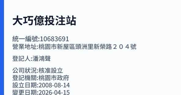 大巧億投注站的照片-統編 10683691(桃園市) 公司登記資料與營業項目詳細圖表