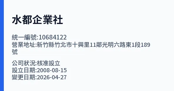 水都企業社的照片-統編 10684122(新竹縣) 公司登記資料與營業項目詳細圖表