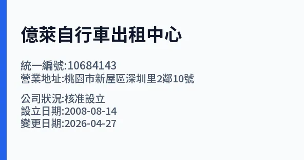 億萊自行車出租中心的照片-統編 10684143(桃園市) 公司登記資料與營業項目詳細圖表