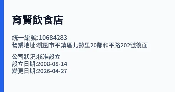 育賢飲食店的照片-統編 10684283(桃園市) 公司登記資料與營業項目詳細圖表