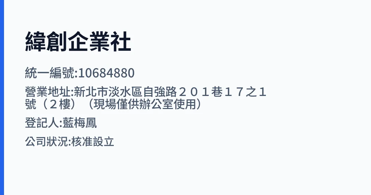 緯創企業社 - 統編 10684880(新北市) 公司登記資料與營業項目詳細圖表