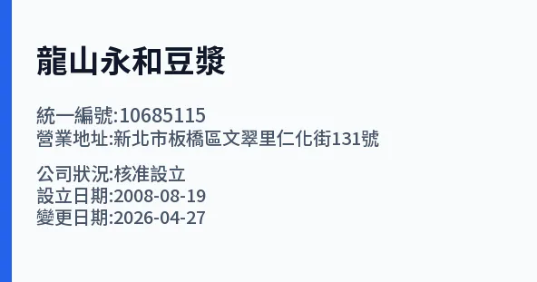 龍山永和豆漿的照片-統編 10685115(新北市) 公司登記資料與營業項目詳細圖表