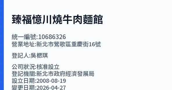 臻福憶川燒牛肉麵館的照片-統編 10686326(新北市) 公司登記資料與營業項目詳細圖表