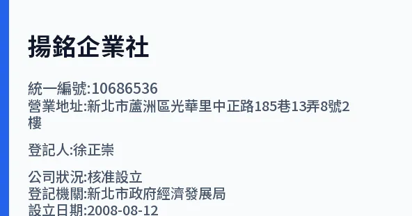 揚銘企業社的照片-統編 10686536(新北市) 公司登記資料與營業項目詳細圖表