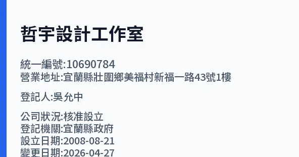 哲宇設計工作室的照片-統編 10690784(宜蘭縣) 公司登記資料與營業項目詳細圖表