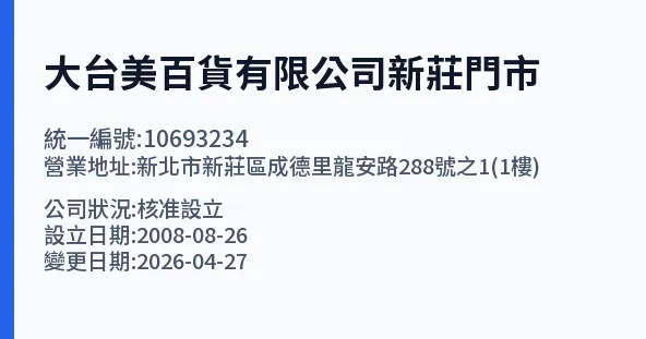大台美百貨有限公司新莊門市的照片-統編 10693234(新北市) 公司登記資料與營業項目詳細圖表