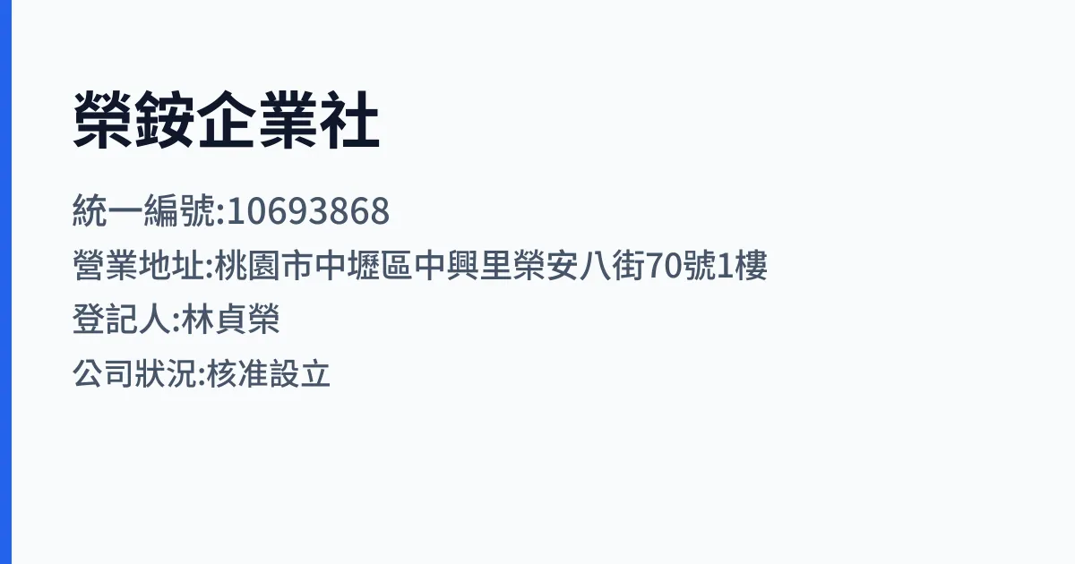 榮銨企業社 - 統編 10693868(桃園市) 公司登記資料與營業項目詳細圖表