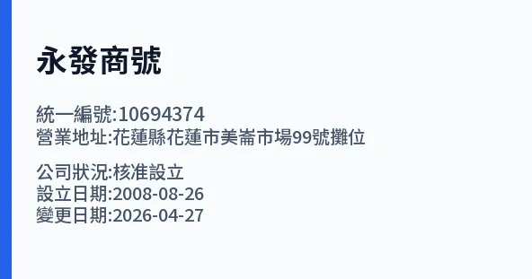 永發商號的照片-統編 10694374(花蓮縣) 公司登記資料與營業項目詳細圖表