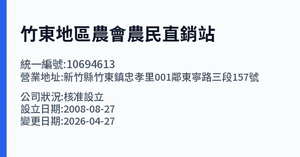 竹東地區農會農民直銷站的照片-統編 10694613(新竹縣) 公司登記資料與營業項目詳細圖表