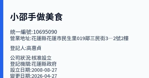 小邵手做美食的照片-統編 10695090(花蓮縣) 公司登記資料與營業項目詳細圖表