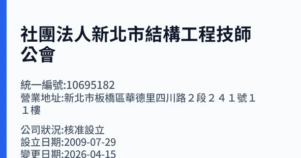 社團法人新北市結構工程技師公會的照片-統編 10695182(新北市) 公司登記資料與營業項目詳細圖表