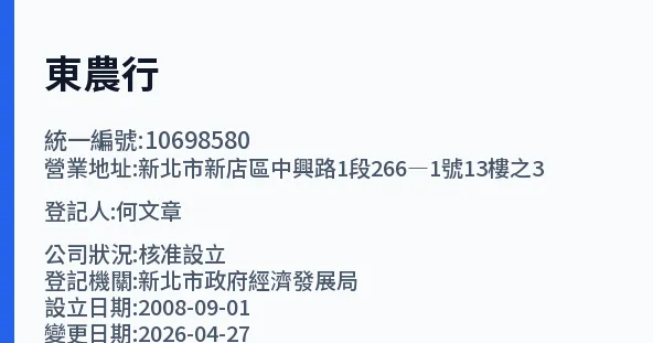 東農行的照片-統編 10698580(新北市) 公司登記資料與營業項目詳細圖表
