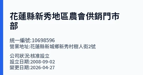 花蓮縣新秀地區農會供銷門市部的照片-統編 10698596(花蓮縣) 公司登記資料與營業項目詳細圖表