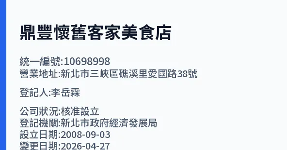 鼎豐懷舊客家美食店的照片-統編 10698998(新北市) 公司登記資料與營業項目詳細圖表