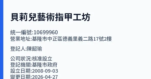貝莉兒藝術指甲工坊的照片-統編 10699960(基隆市) 公司登記資料與營業項目詳細圖表