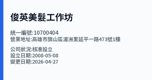 俊英美髮工作坊的照片-統編 10700404(高雄市) 公司登記資料與營業項目詳細圖表