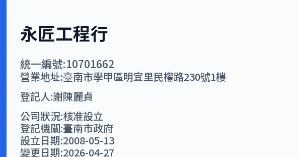 永匠工程行的照片-統編 10701662(臺南市) 公司登記資料與營業項目詳細圖表