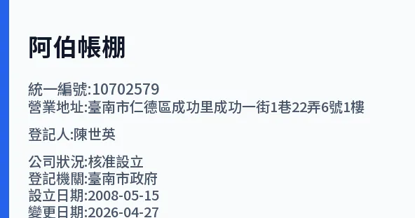 阿伯帳棚的照片-統編 10702579(臺南市) 公司登記資料與營業項目詳細圖表