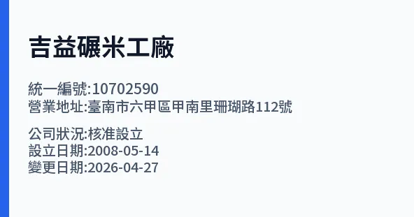 吉益碾米工廠的照片-統編 10702590(臺南市) 公司登記資料與營業項目詳細圖表