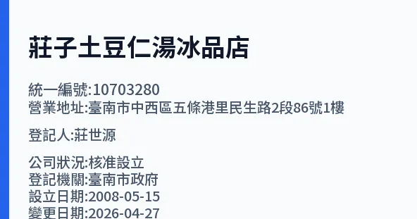 莊子土豆仁湯冰品店的照片-統編 10703280(臺南市) 公司登記資料與營業項目詳細圖表