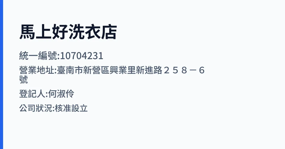 馬上好洗衣店 - 統編 10704231(臺南市) 公司登記資料與營業項目詳細圖表