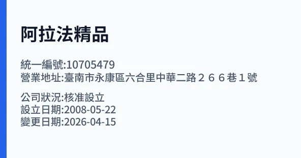 阿拉法精品的照片-統編 10705479(臺南市) 公司登記資料與營業項目詳細圖表