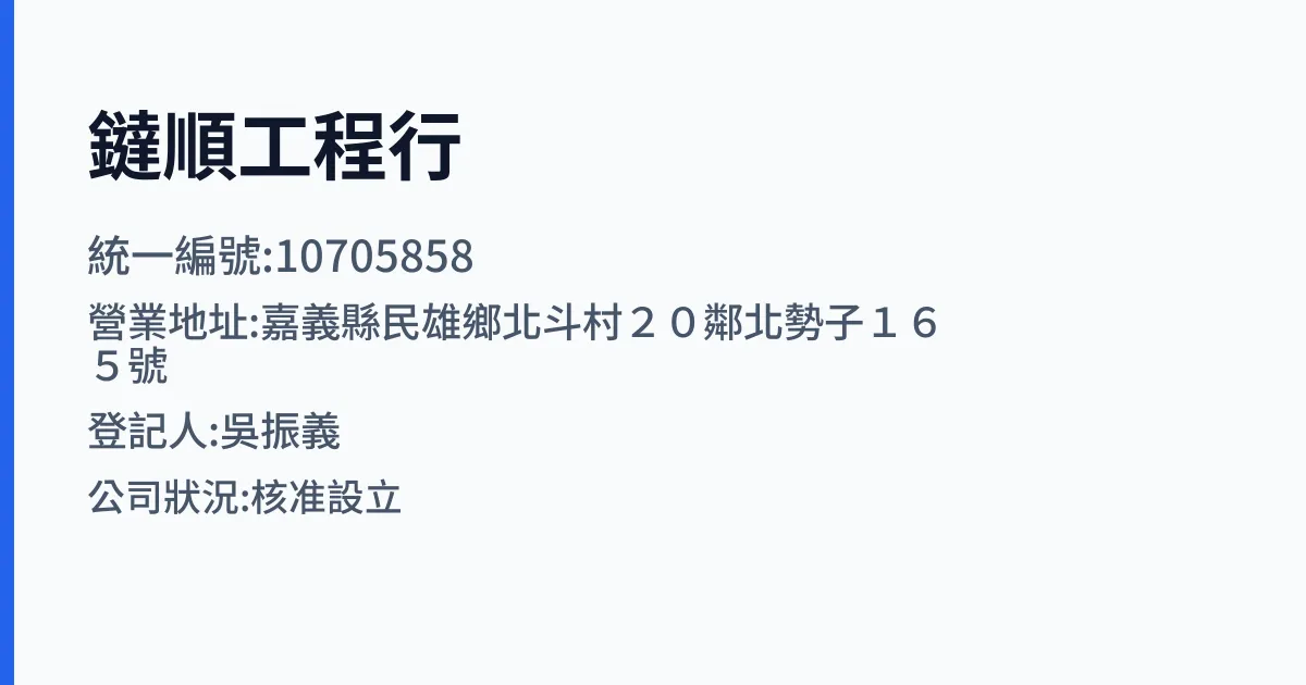 鐽順工程行 - 統編 10705858(嘉義縣) 公司登記資料與營業項目詳細圖表