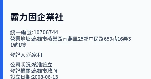 霸力固企業社的照片-統編 10706744(高雄市) 公司登記資料與營業項目詳細圖表