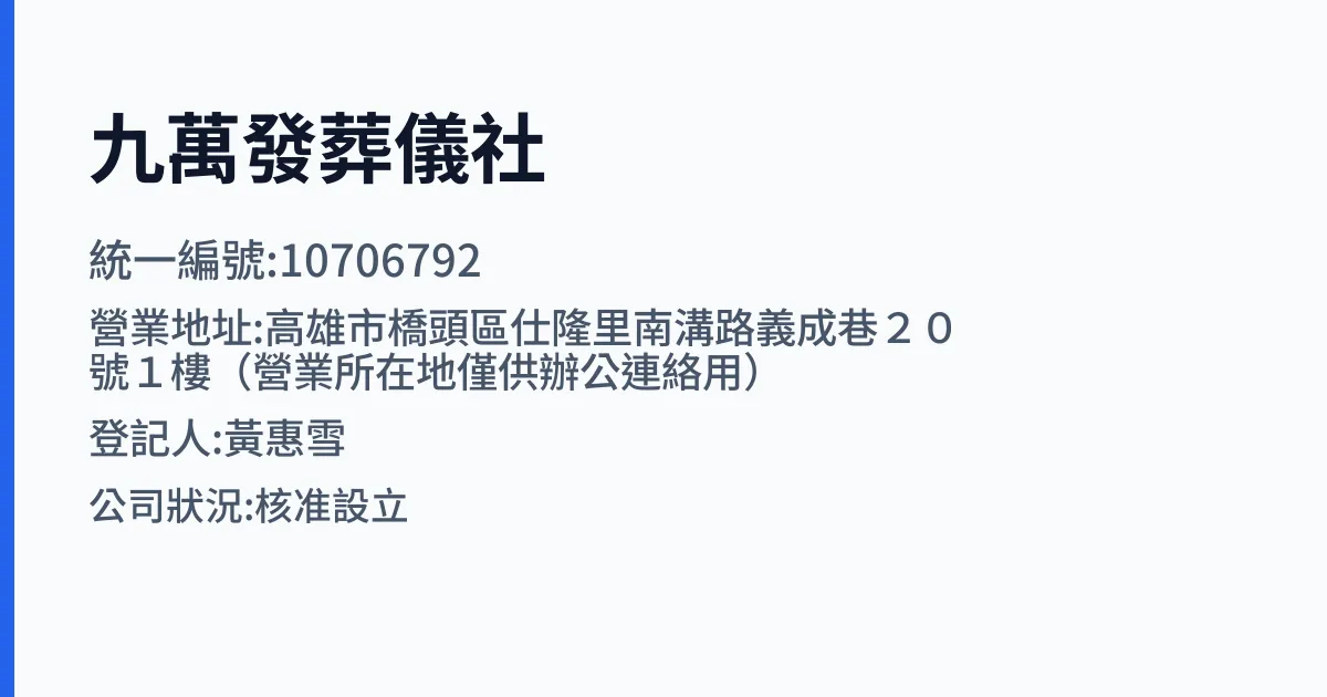 九萬發葬儀社 - 統編 10706792(高雄市) 公司登記資料與營業項目詳細圖表