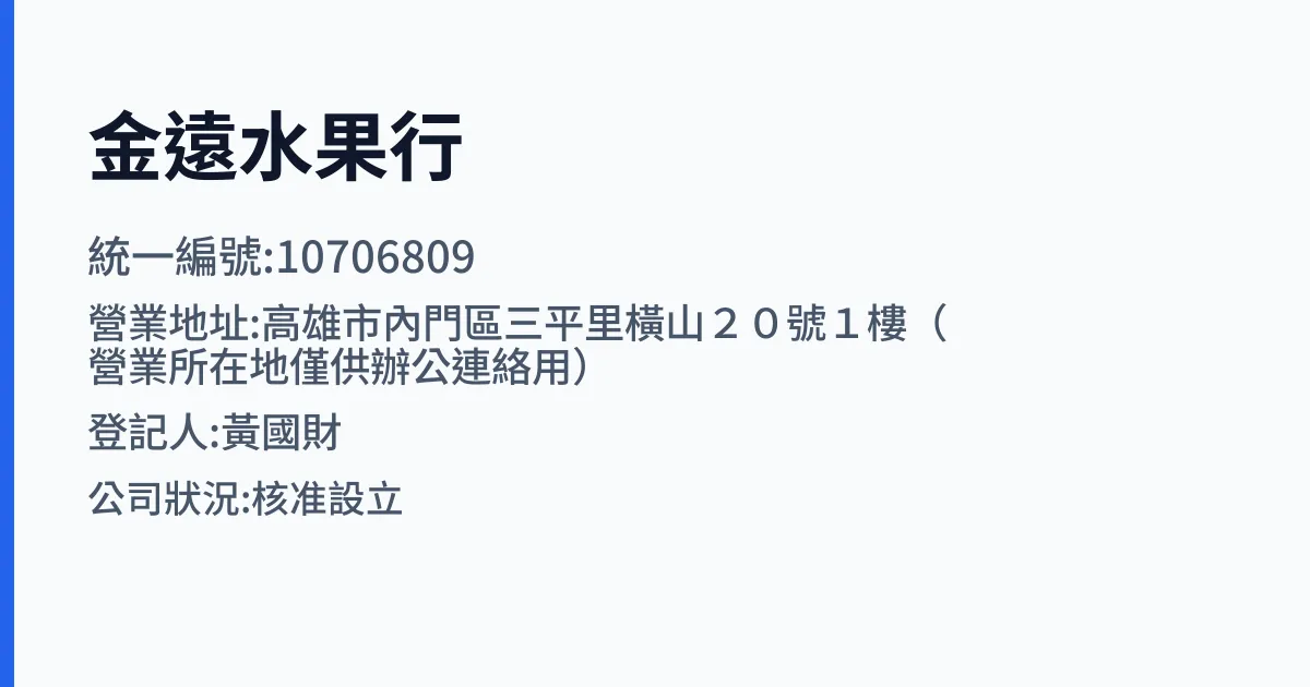 金遠水果行 - 統編 10706809(高雄市) 公司登記資料與營業項目詳細圖表