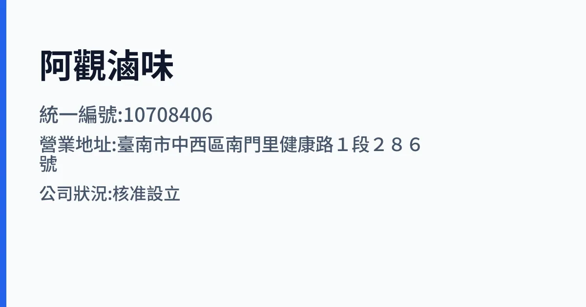 阿觀滷味 - 統編 10708406(臺南市) 公司登記資料與營業項目詳細圖表