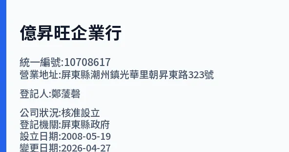 億昇旺企業行的照片-統編 10708617(屏東縣) 公司登記資料與營業項目詳細圖表
